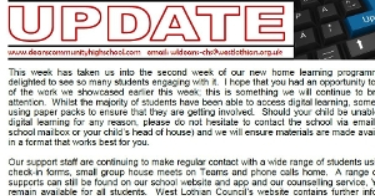 Update 8-5-20 for Parents/Carers & Students - Deans Community High School